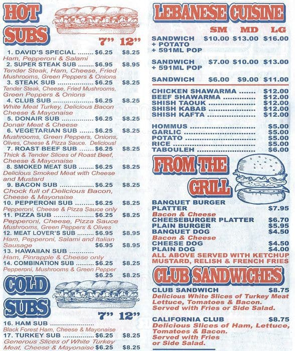 Menu at David's Pizza pizzeria, Ottawa