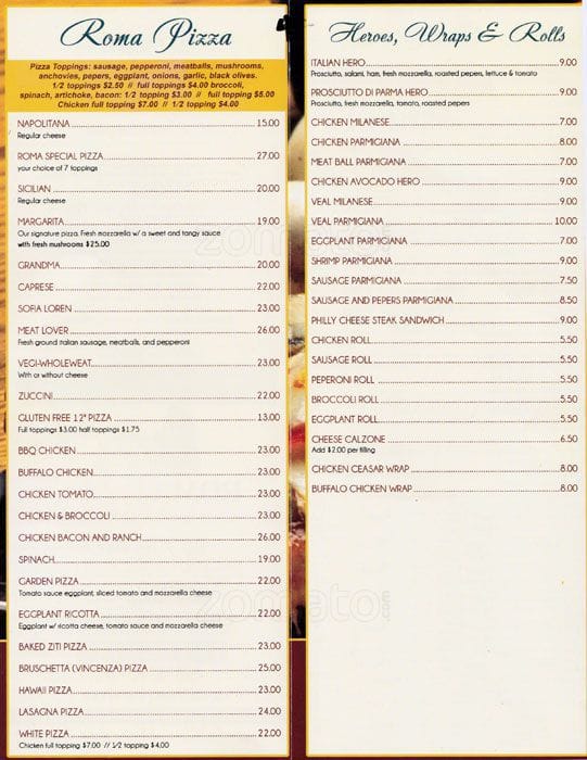 Menu at Roma Pizza pizzeria, New York City, 85 7th Ave