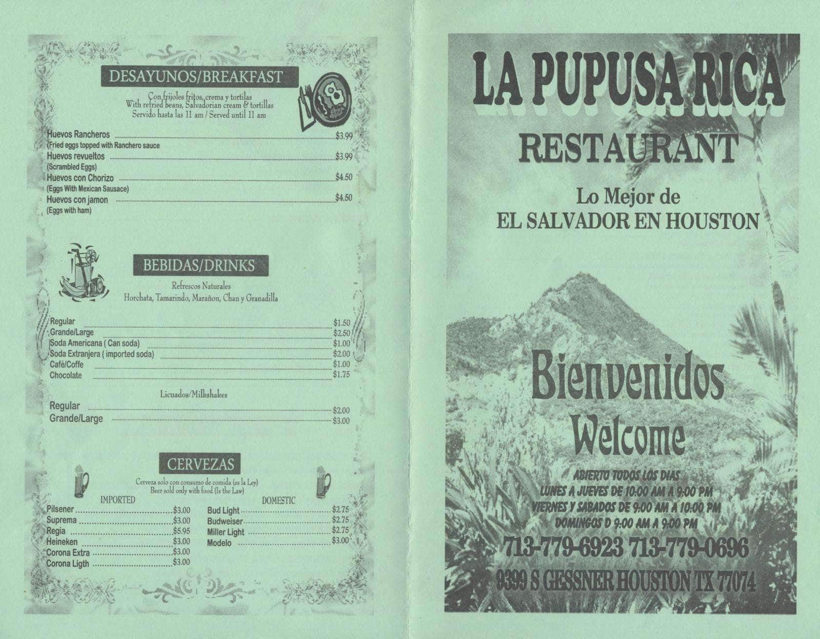 Menu at La Pupusa Rica restaurant, Houston, S Gessner Rd