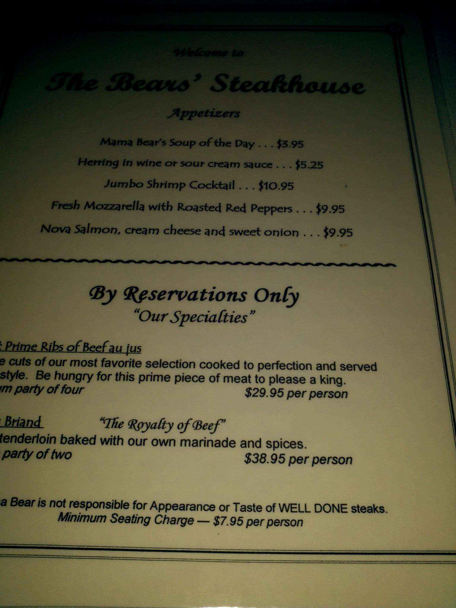 Menu at Bear's Steakhouse, Duanesburg, Duanesburg Rd