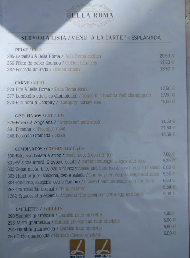 Menu at Bella Roma restaurant, Porto, R. de Sampaio Bruno 19
