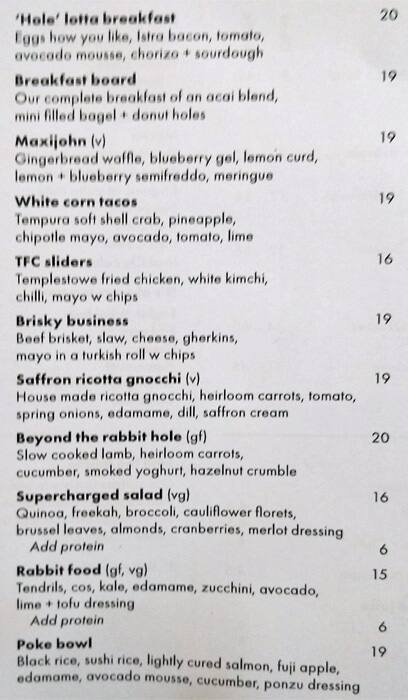 Menu at Down The Rabbit Hole cafe, Templestowe