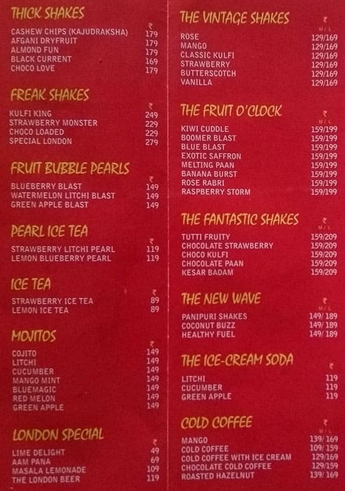 Menu at INDIAN PIZZA HOUSE AND THE LONDON SHAKES, Mumbai, Silver Birch