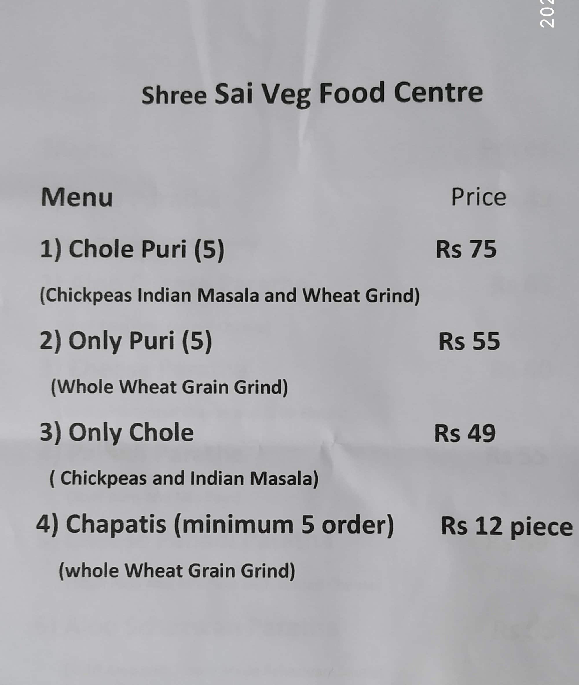 Menu of Shree Sai Veg Food Centre, Vasai, Mumbai