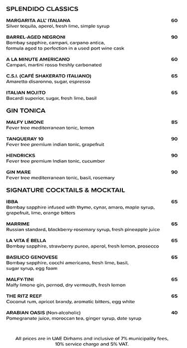 Menu at Splendido Bar & Kitchen, Dubai