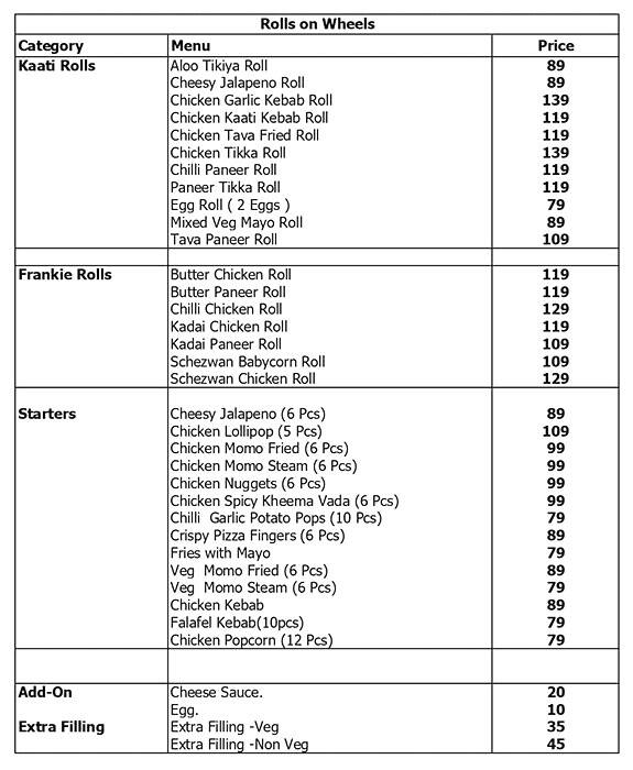 Menu of Rolls On Wheels - Shawarma & Wraps, Brigade Road, Bangalore