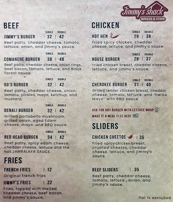 Menu at Jimmy’s Shack Burger restaurant, Sharjah, Before Adnoc Petrol ...