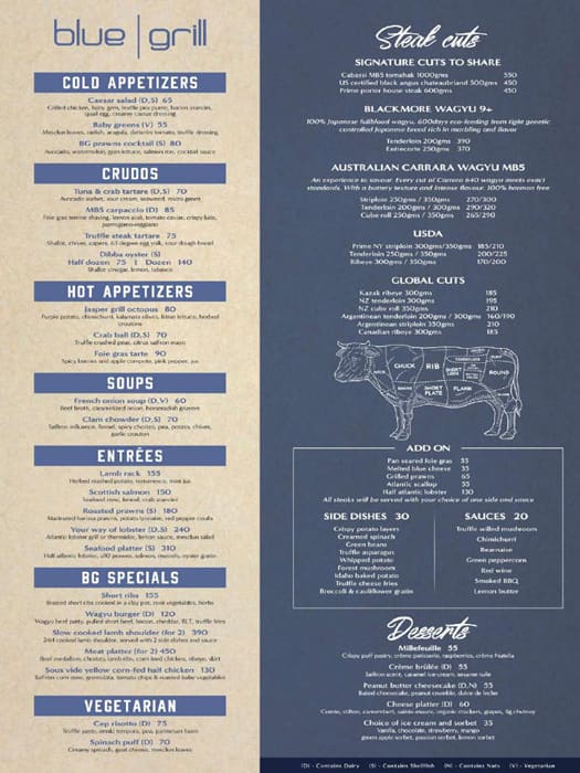 Menu at Blue Grill restaurant, Abu Dhabi, Yas Island Rotana Hotel