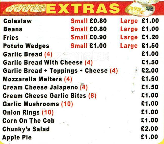 Menu at Chunky Chicken pizzeria, London, 70 Longbridge Rd