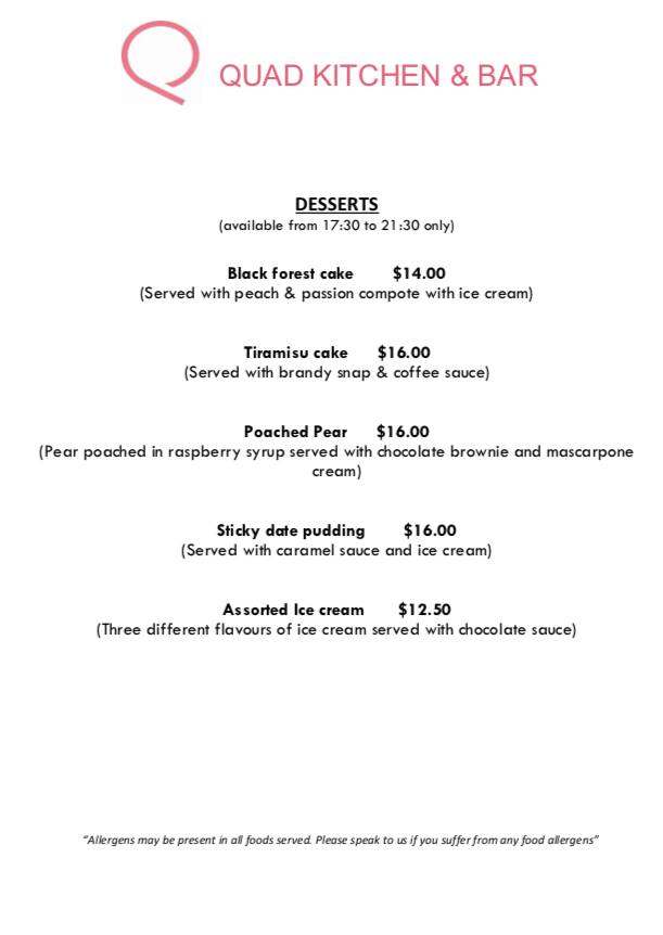 Menu at The Quad Kitchen & Bar, Auckland