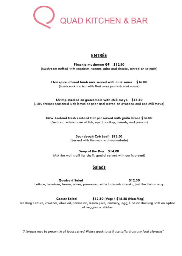 Menu at The Quad Kitchen & Bar, Auckland