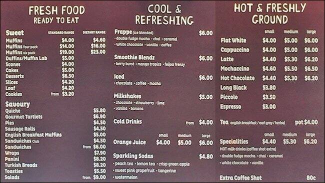 Menu at Muffin Break cafe, Auckland, Unit 1 26-28 Anzac Rd