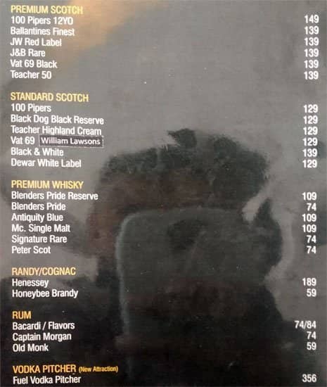 Menu at Vertigo Lounge, Chandigarh