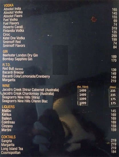 Menu at Vertigo Lounge, Chandigarh