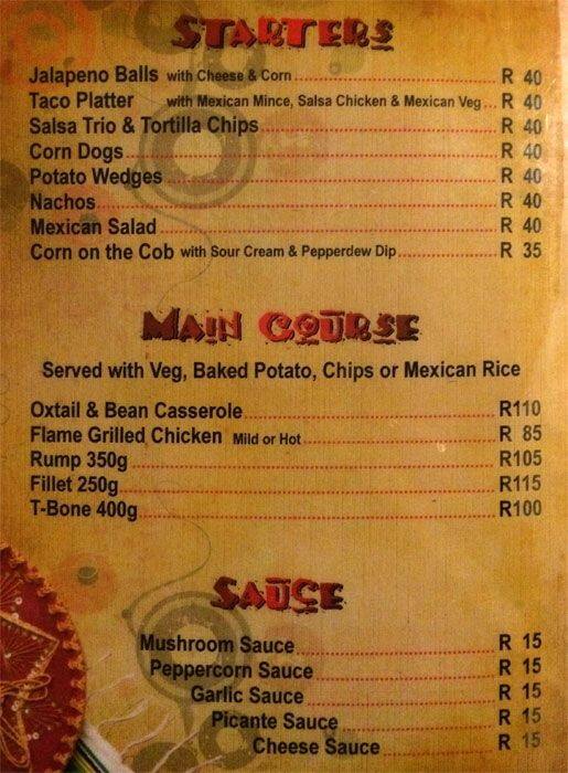 Menu at Amigos Steakhouse, Clarens