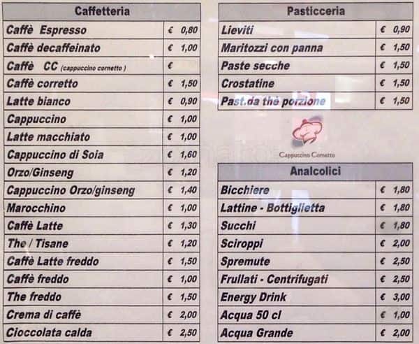 Menu at Cappuccino Cornetto pub & bar, Rome