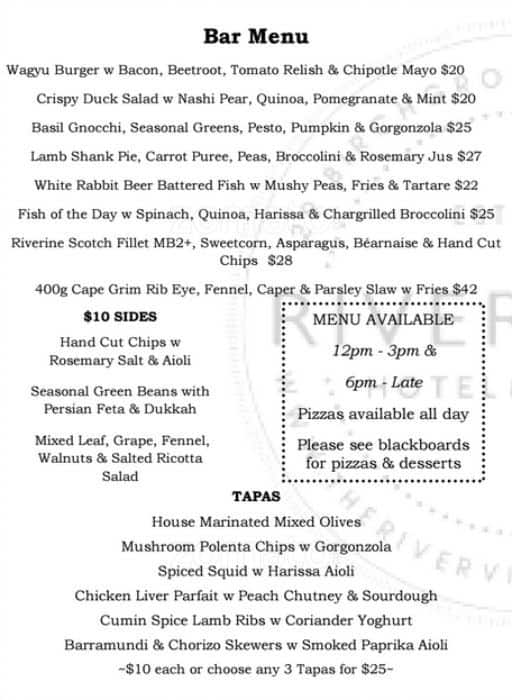 Riverview Hotel Menu, Menu for Riverview Hotel, Balmain, Sydney ...