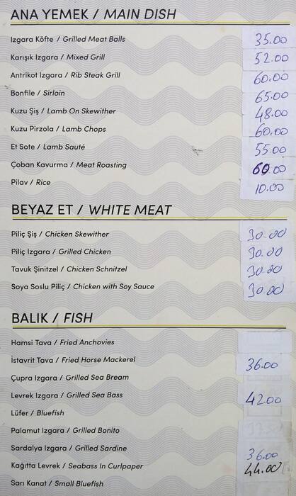 Menu at Todori Fenerbahçe, Istanbul