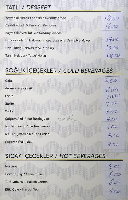 Menu at Todori Fenerbahçe, Istanbul