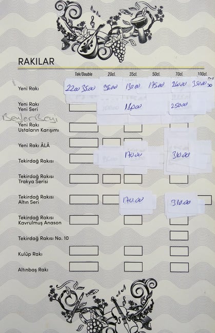 Menu at Todori Fenerbahçe, Istanbul