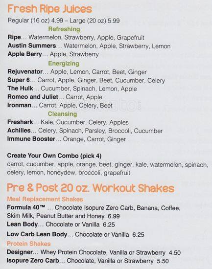 Menu at Ripe Juice Bar & Grill, New York City, 70-13 Austin St