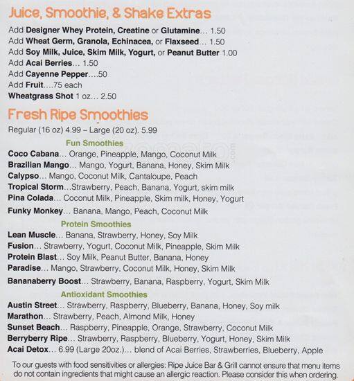 Menu at Ripe Juice Bar & Grill, New York City, 70-13 Austin St