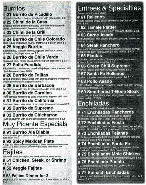 Menu at Old Santa Fe Express restaurant, Littleton