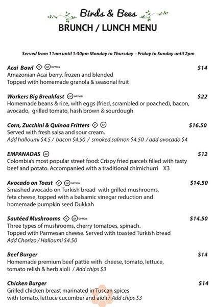 Menu at Birds & Bees Café / Bar, Everton Hills