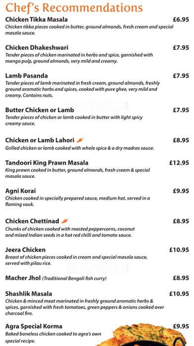 Menu at Agra Beckenham restaurant, Beckenham, 406 Upper Elmers End Rd