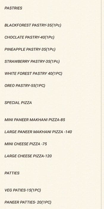 Menu at Baba Bakers, Kanchanpur, 7XF9+72G