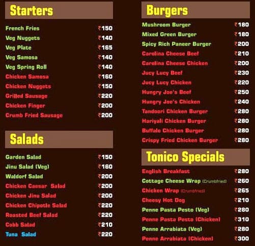 Menu of Tonico Cafe, Chalakudy, Thrissur