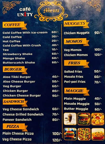 Menu of Cafe Unity, Lohegaon, Pune