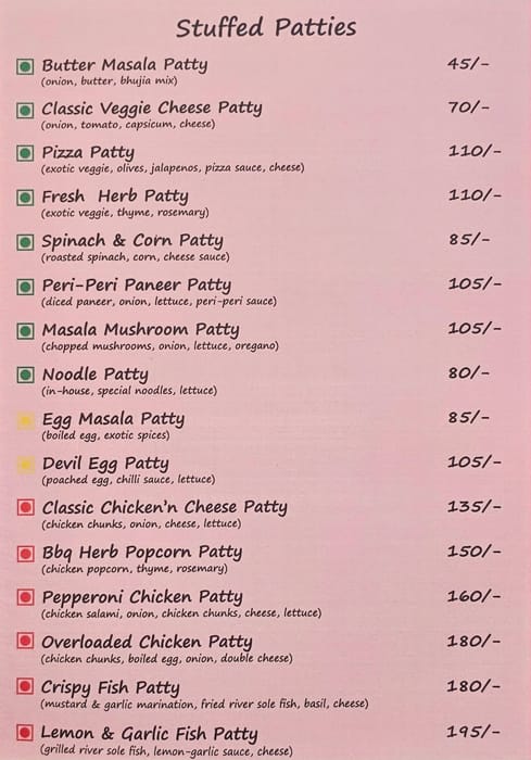 Menu of Patty King, Alpha 2, Greater Noida