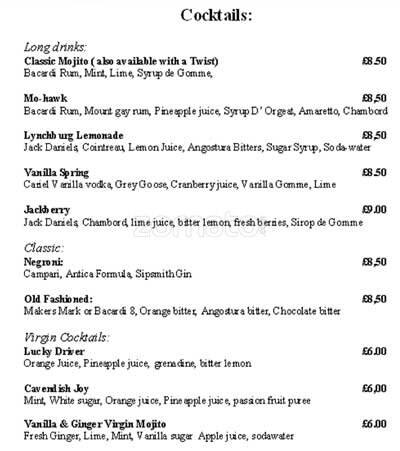 Menu at The Cavendish London, London