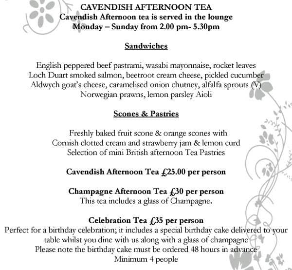 Menu at The Cavendish London, London