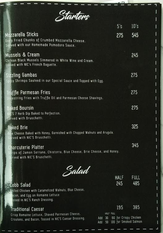 Menu at NIC'S cafe, Makati, Park Terraces Palm Drive