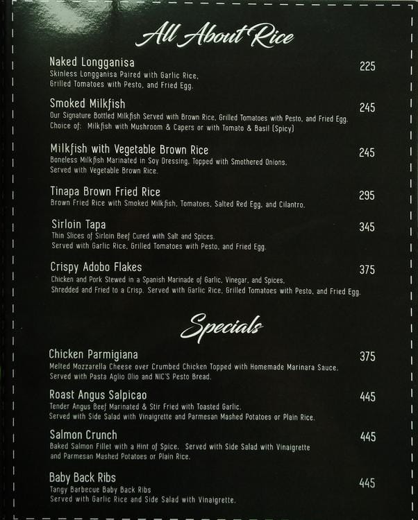 Menu at NIC'S cafe, Makati, Park Terraces Palm Drive