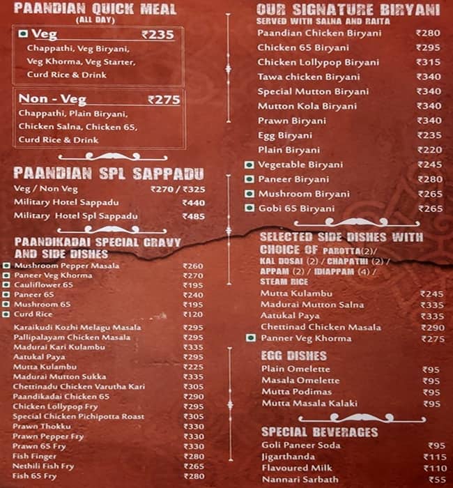 Menu of Paandikadai, Forum Vijaya Mall, Vadapalani, Chennai