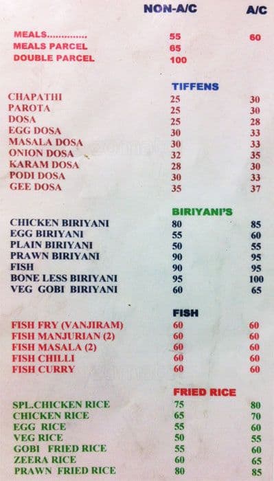 Menu at Sri Sai Andhra Mess, Chennai, 76/9
