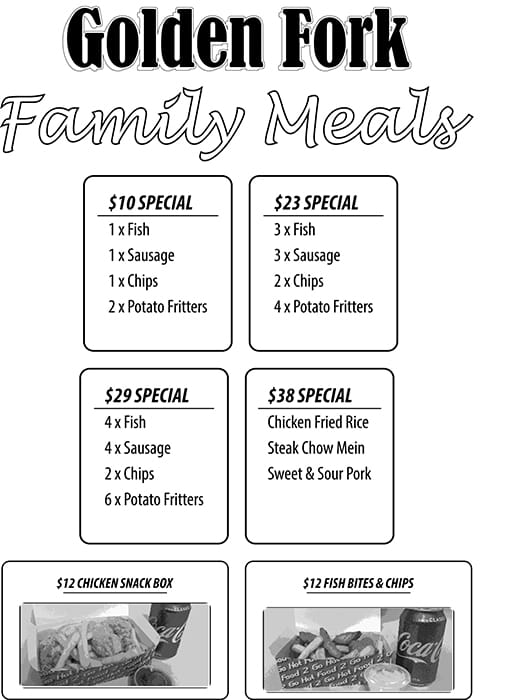 Menu at Golden Fork Takeaway fast food, Auckland