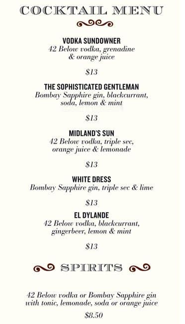 Menu at Astoria cafe, Wellington