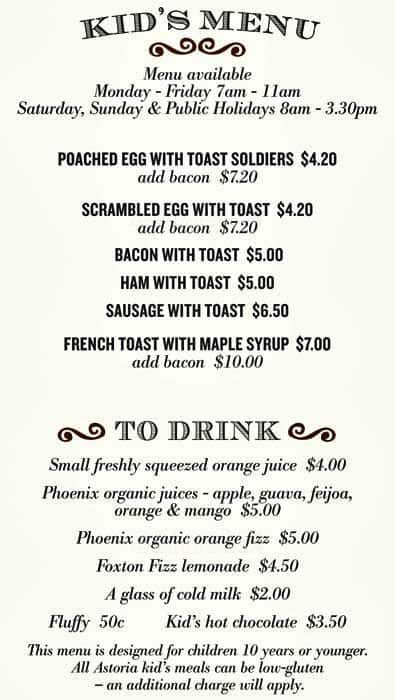 Menu at Astoria cafe, Wellington