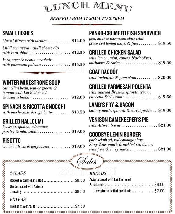 Menu at Astoria cafe, Wellington