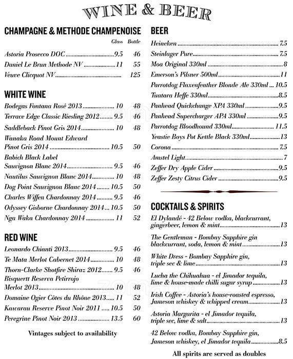 Menu at Astoria cafe, Wellington