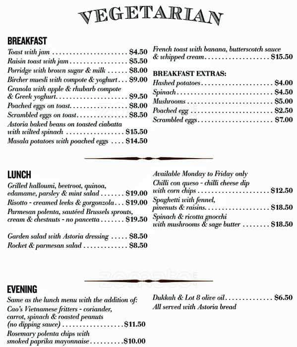 Menu at Astoria cafe, Wellington