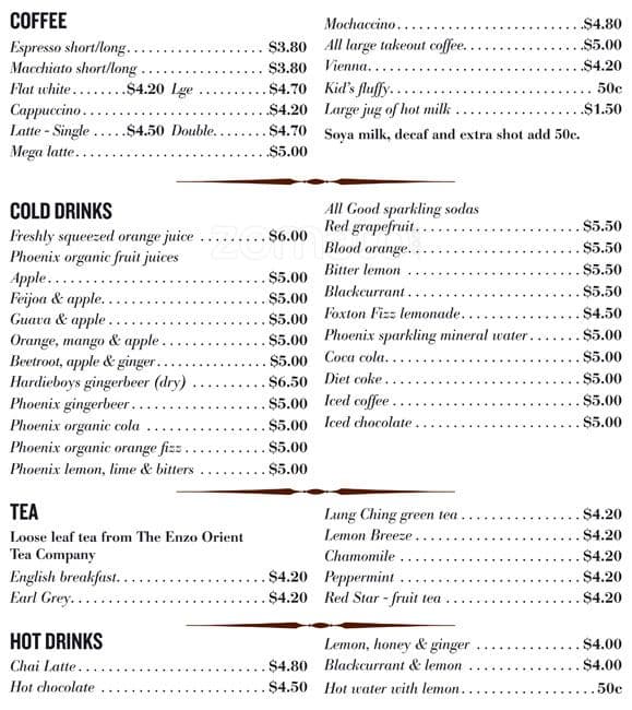 Menu at Astoria cafe, Wellington