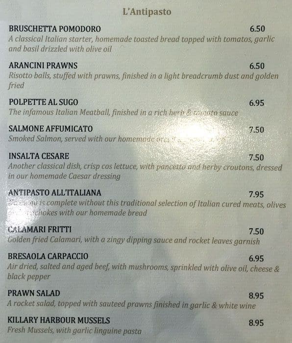 Menu at Al Pacino's pub & bar, Dublin