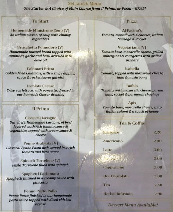 Menu at Al Pacino's pub & bar, Dublin