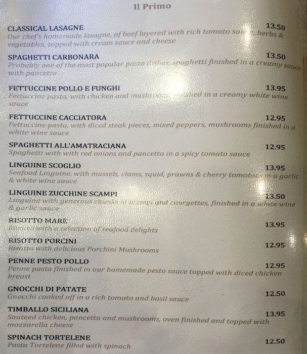 Menu at Al Pacino's pub & bar, Dublin