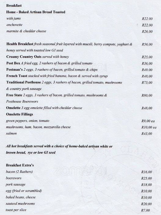 Menu at Post House Restaurant Clarens, Clarens